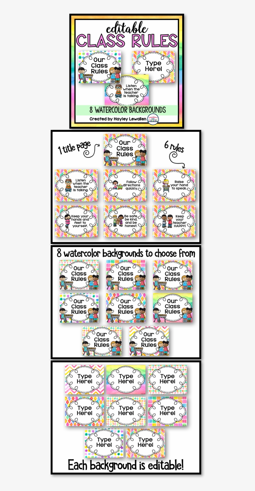 Editable Watercolor Class Rules - Classroom Management - 501x1496 PNG ...