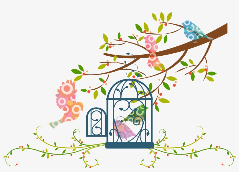 Drawn Birdcage Branch - Tree Vector With Birds Cage - 2462x1799 PNG ...