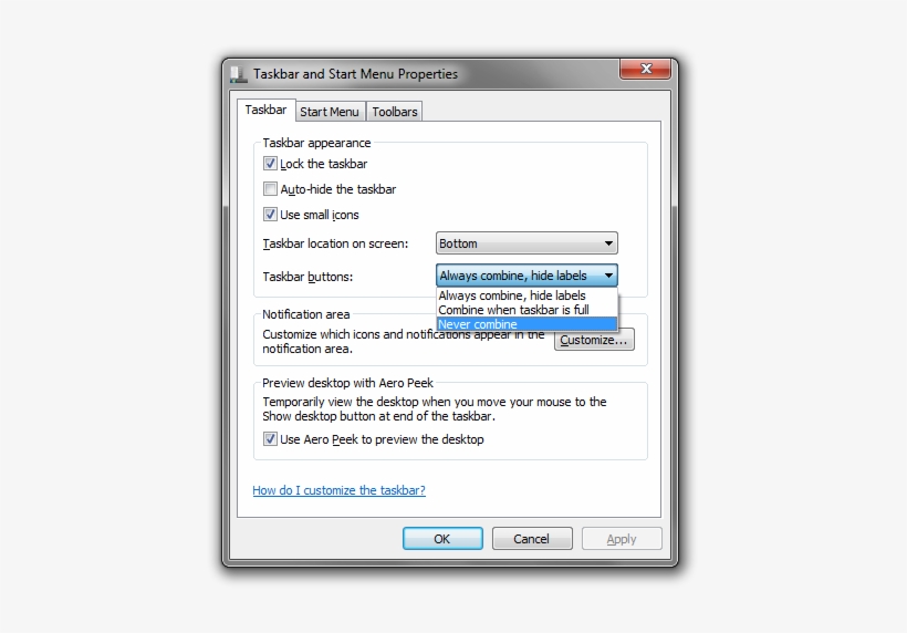 View Taskbar And Start Menu Properties , - Windows 7 - 445x492 PNG ...