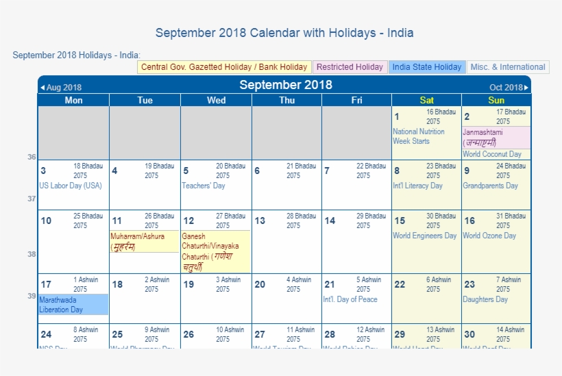 September 2018 Indian Calendar With Holidays - Sep 2018 Calendar With ...
