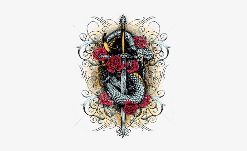 Snake With Dagger Roses Plastisol Transfer Snake Sword - Rose With ...