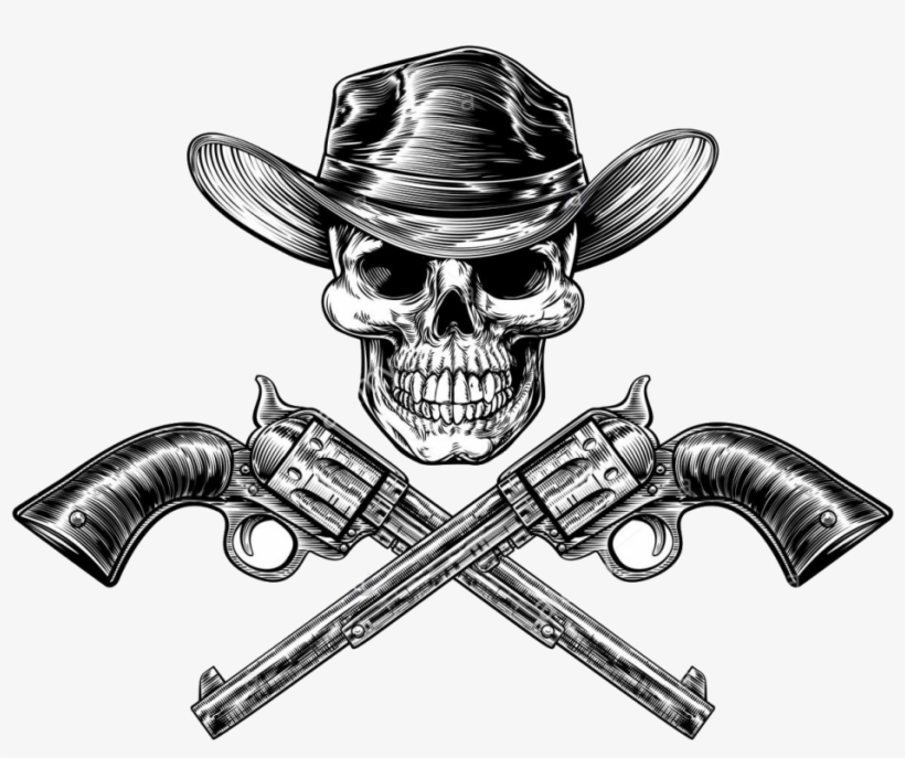 Skull Cowboy In Hat And A Pair Of Crossed Gun Revolver - Crossed ...