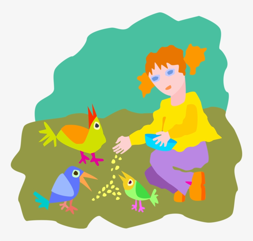 Vector Illustration Of Young Girl Feeding Birds - Feeding Birds Clipart ...