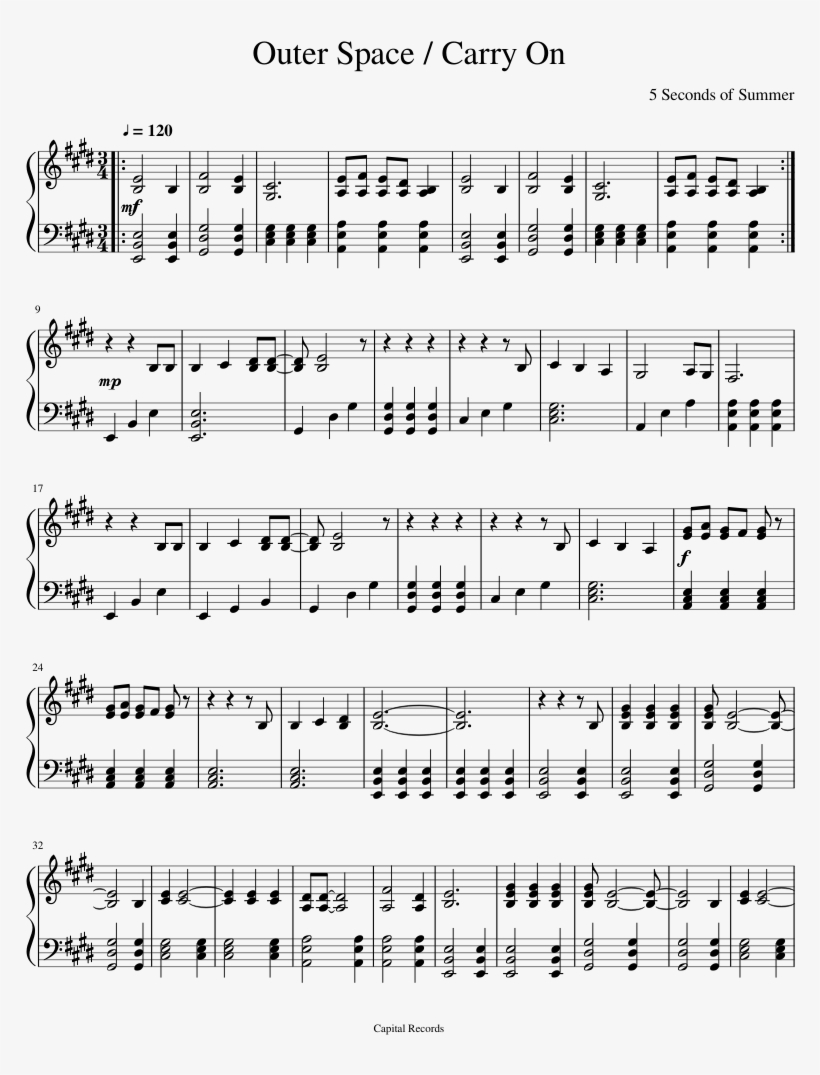 Outer Space / Carry On Sheet Music Composed By 5 Seconds - Coldplay ...