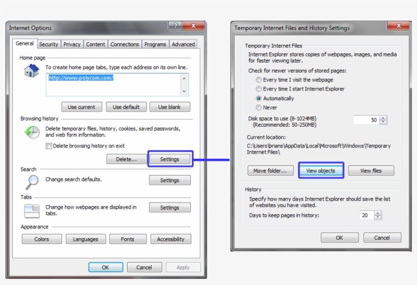 The Temporary Internet Files And History Settings Dialog - 873x563 PNG ...