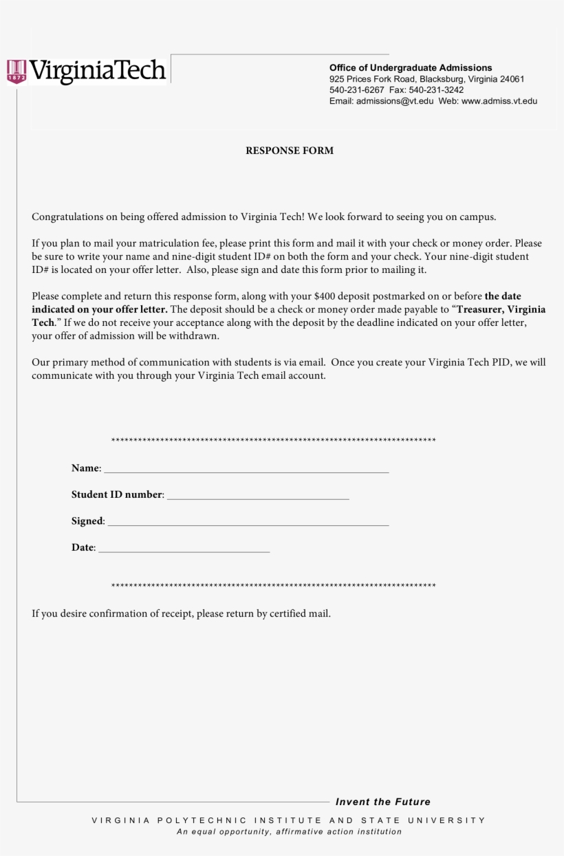 Response To Congratulation Letter - Virginia Tech Admission Letter ...