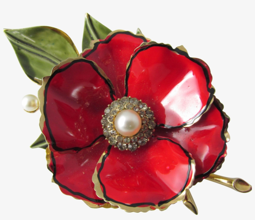Vendome Red Enamel, Faux Pearl & Rhinestone Poppy Flower - Rose ...
