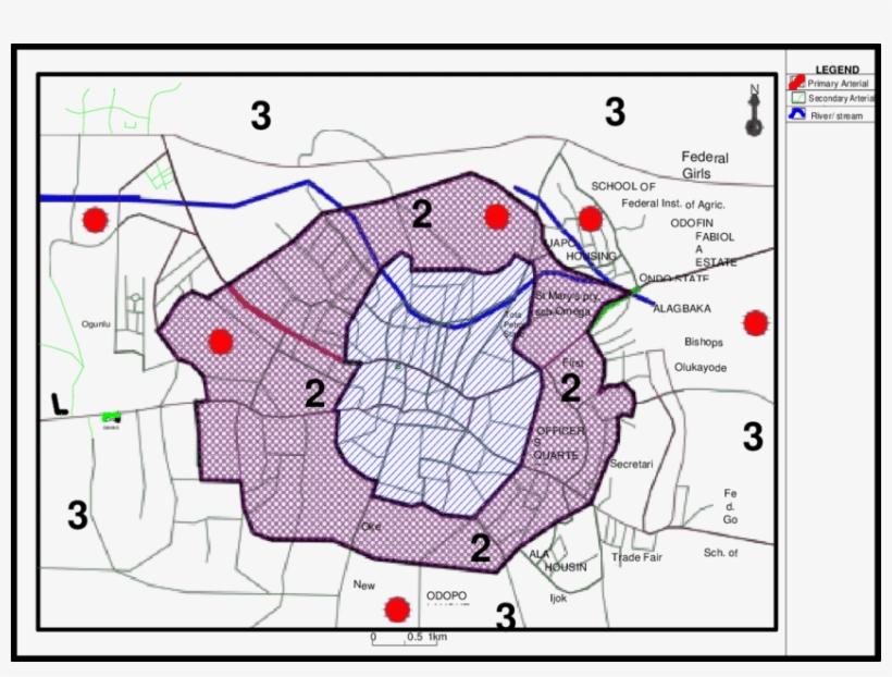 Road Map Of Akure With Overlay Of The Concentric Zones - Map - 850x604 ...