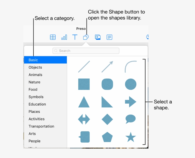 The Shapes Library Is Open Below The Shape Button In - Places Category ...