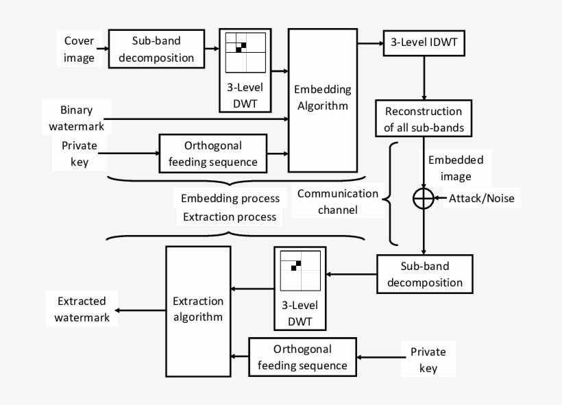 Block Diagram Of Watermark Embedding And Extraction - Monochrome ...
