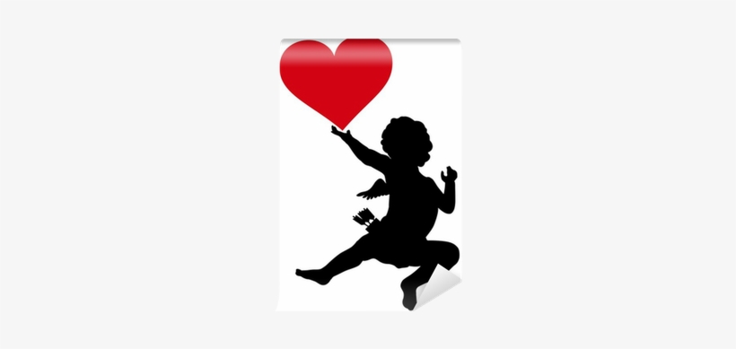 Cupid With Red Heart Vector Silhouette Wall Mural • - Silhouette ...