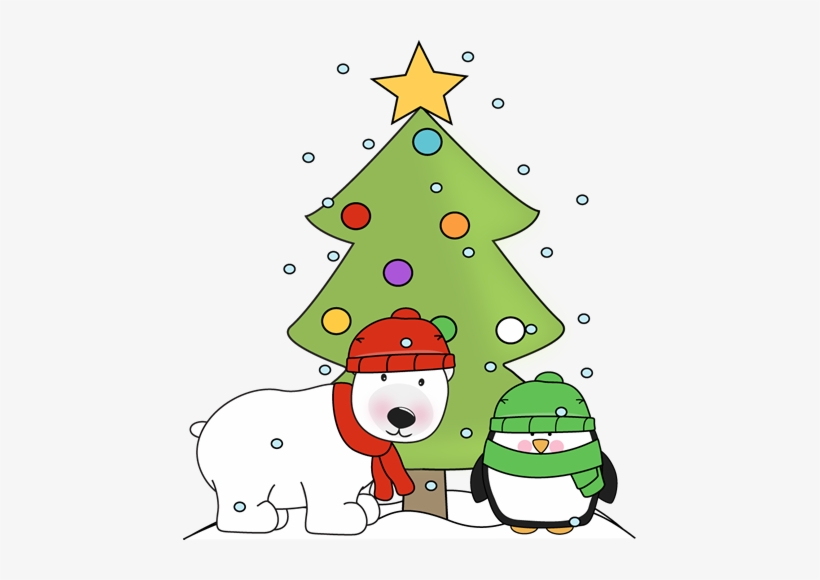 Penguin, Polar Bear, And Christmas Tree In The Snow - Winter Christmas ...