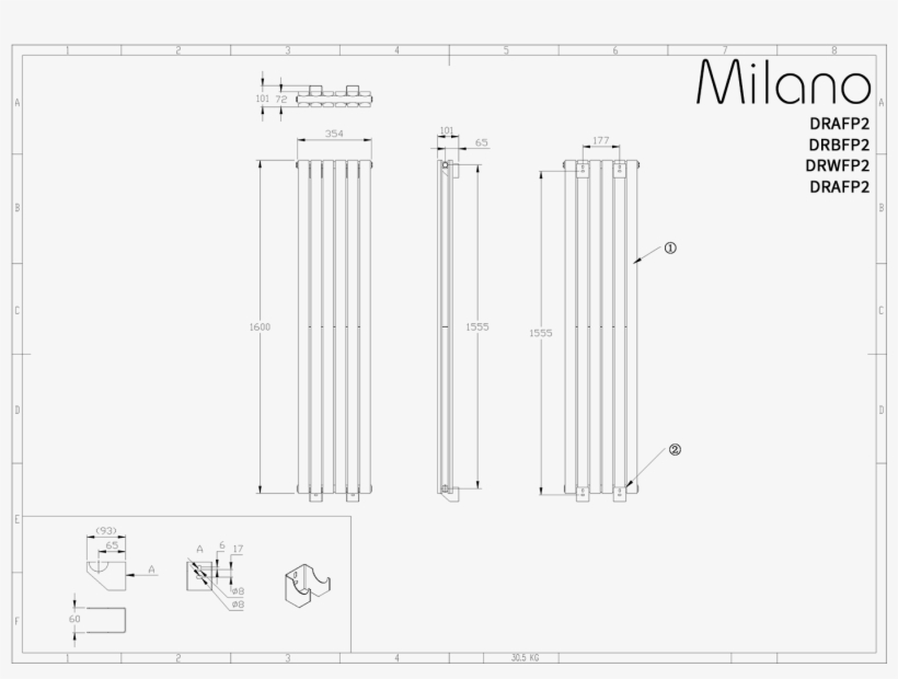 Black Flat Vertical Designer Radiator 1600mm X 354mm - Diagram ...