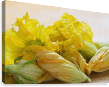 Download Close Up Of Zucchini Blossoms With Water Drops On Wooden ...