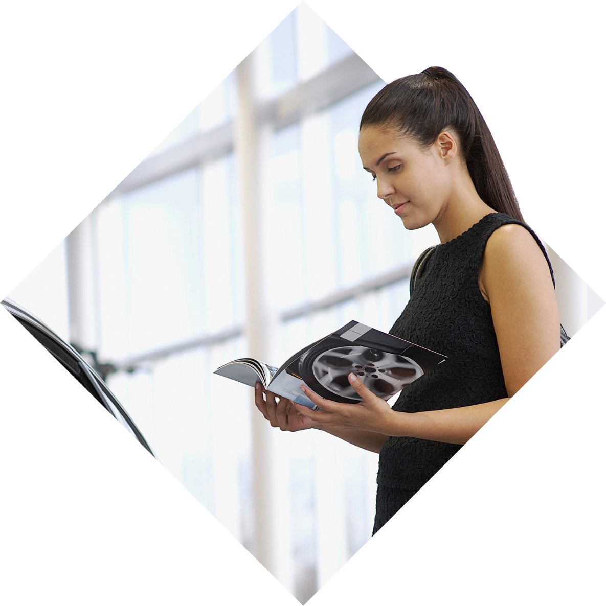 Download A Woman Standing In Car Dealership Reading A Brochure - Girl ...