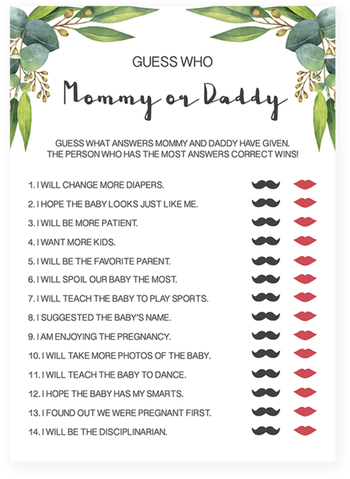 Download Botanical Baby Shower Mommy Or Daddy Game Printable Emoji Download Botanical Baby Shower Mommy Or Daddy Game Printable Emoji