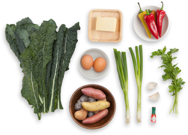 Download Fingerling Potato & Kale Hash With Baked Eggs & Aged - Pepper ...