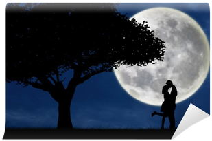 Download Couple Kissing By A Tree On Blue Full Moon Silhouette - Moon ...