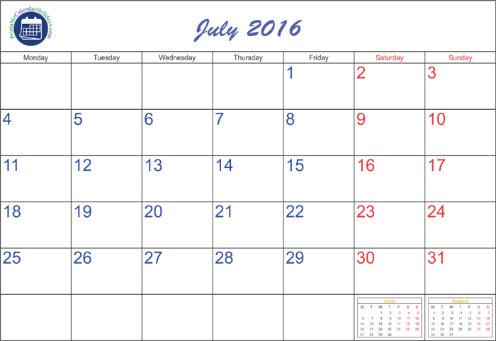 Download July Blank Calendar Template 2016 Clip Art Transparent ...