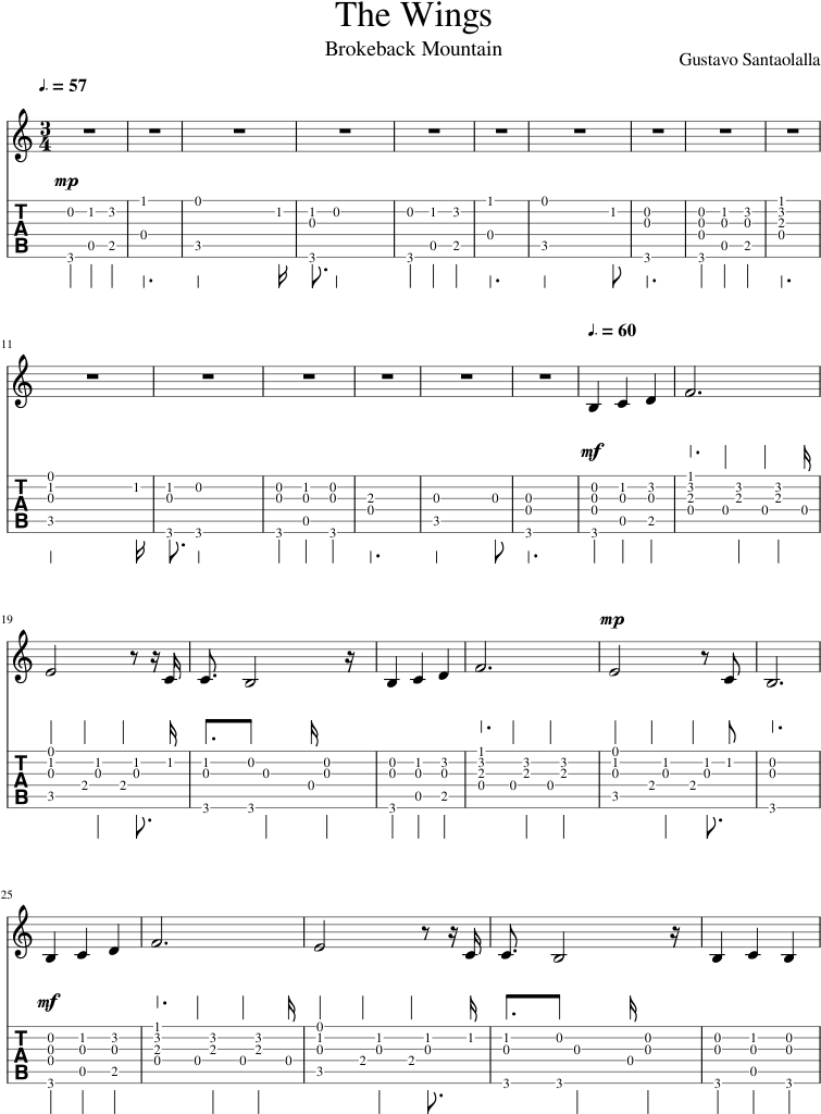 Download The Wings Sheet Music Composed By Gustavo Santaolalla - Wings ...