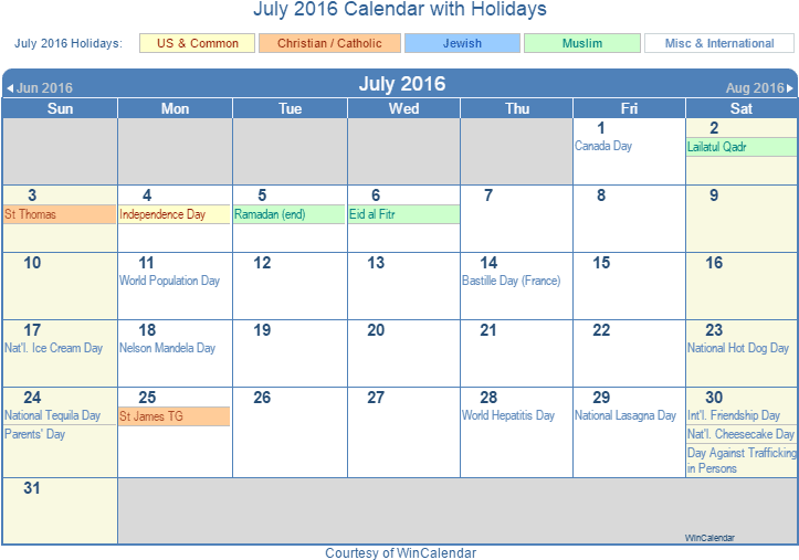 Download July 2016 Printable Calendar With Us Holidays Including - 2019 ...