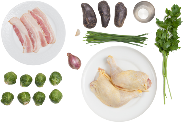 Download Pan-seared Chicken Legs With Purple Potatoes, Brussels ...