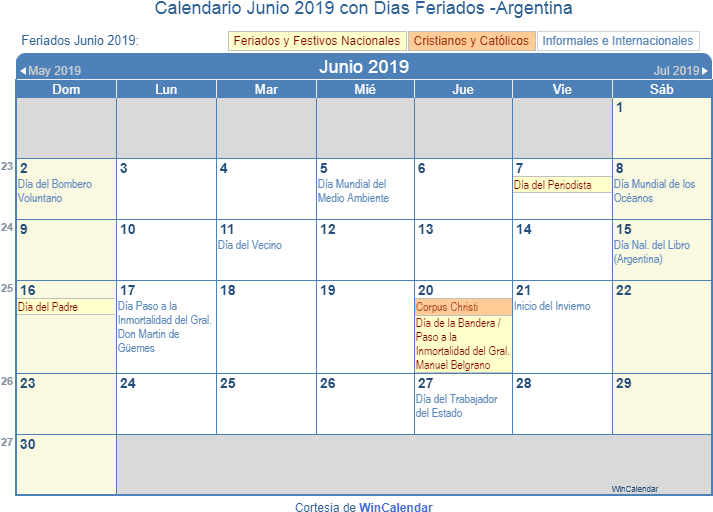 Download Calendario Argentino Junio 2019 En Formato De Imagen - January ...