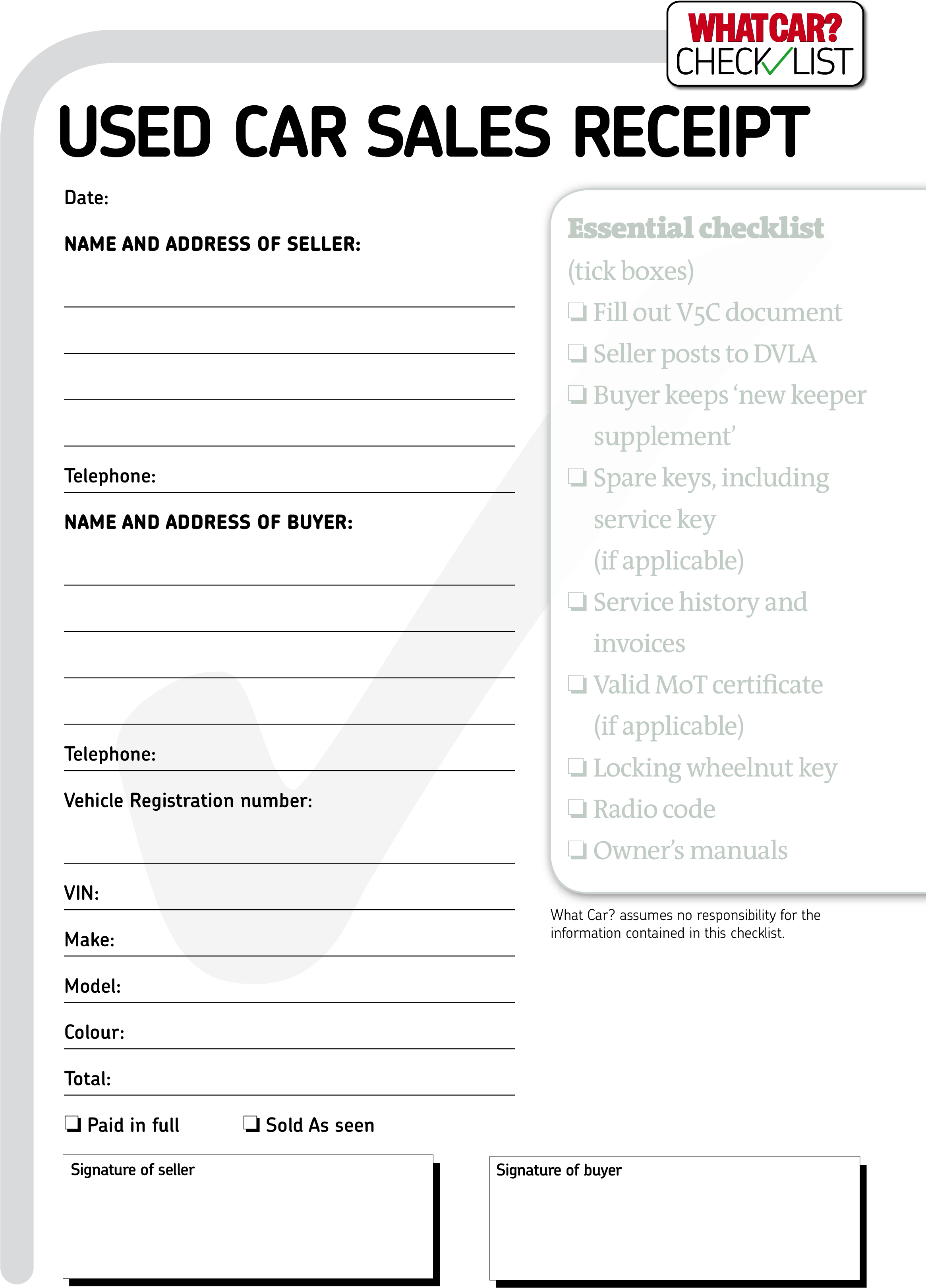 Car Private Sale Receipt Template